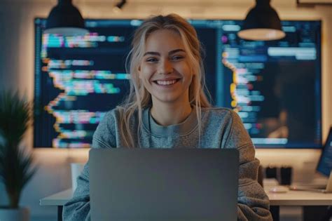 Happy Successful Female Programmer At Office With Laptop Satisfied Achievements Premium Ai