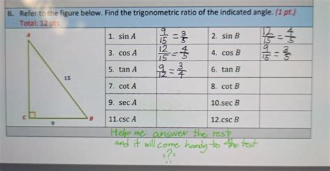 Solved Ii Refer To The Figure Below Find The Trigonometric Ratio Of The Indicated Angle 1