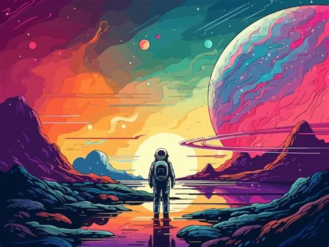 Premium Vector An Astronaut Walking In Space Near Planets