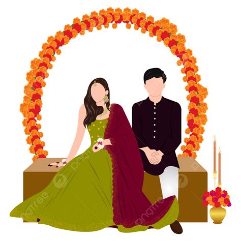 Indian Wedding Clipart Containing Bride And Groom Wearing Yellow Colour