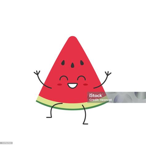 수박 신선한 육즙 슬라이스 인사말 캐릭터 만화 귀여운 웃는 얼굴 쾌활 카와이 기쁨 행복 한 감정 아이콘 벡터 일러스트 레이 션