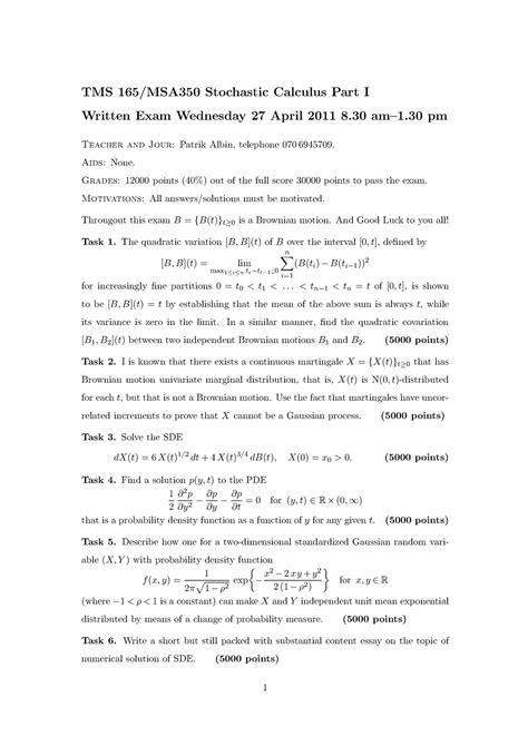 Exam 27 April 2011 Questions And Answers Stochastic Calculus Tms