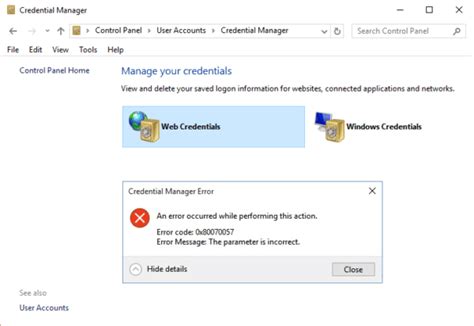 credential manager error 0x80070057 the parameter is incorrect [fixed
