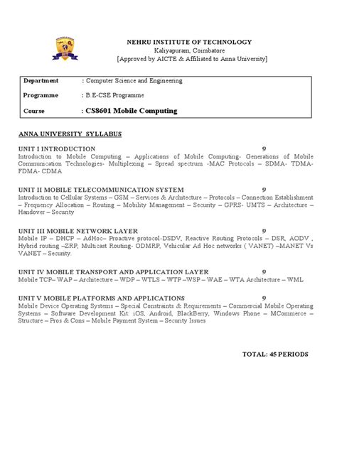 Mobile Computing Course Syllabus Pdf Cellular Network Engineering