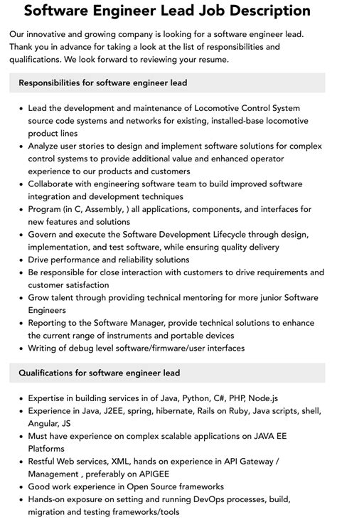 Lead It Engineer Job Description At Dakota Bunce Blog