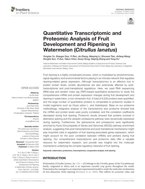 Pdf Quantitative Transcriptomic And Proteomic Analysis Of Fruit
