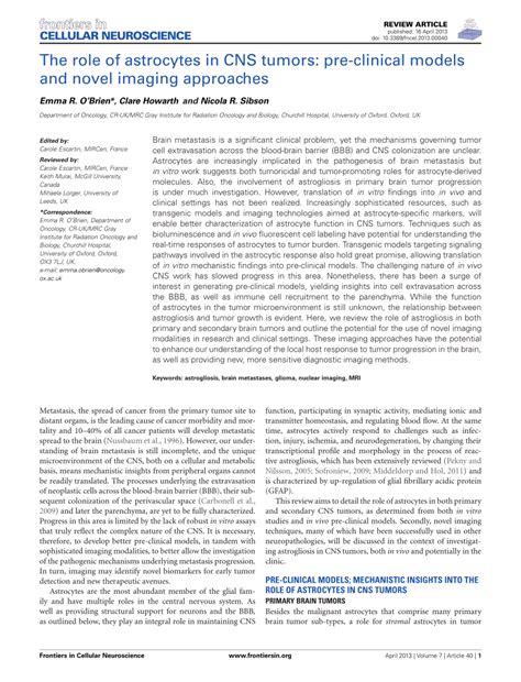 Pdf The Role Of Astrocytes In Cns Tumours Pre Clinical Models And Novel Imaging Approaches
