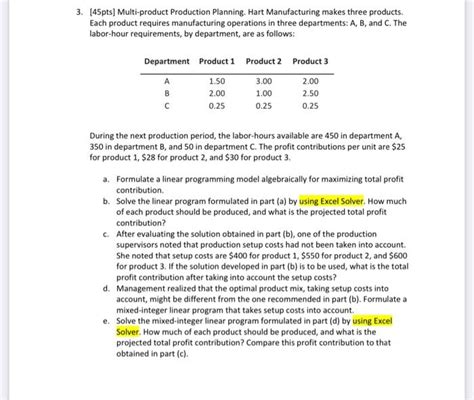 Solved 3 45pts Multi Product Production Planning Hart