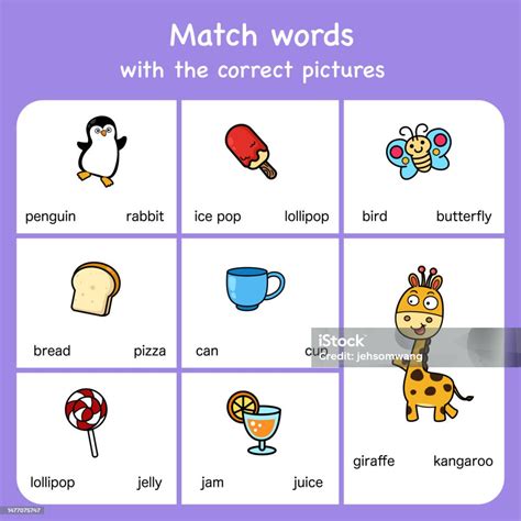 단어와 그림을 일치시킵니다 유치원을위한 교육 워크 시트 기린에 대한 스톡 벡터 아트 및 기타 이미지 기린 여가활동 게임 교육 Istock