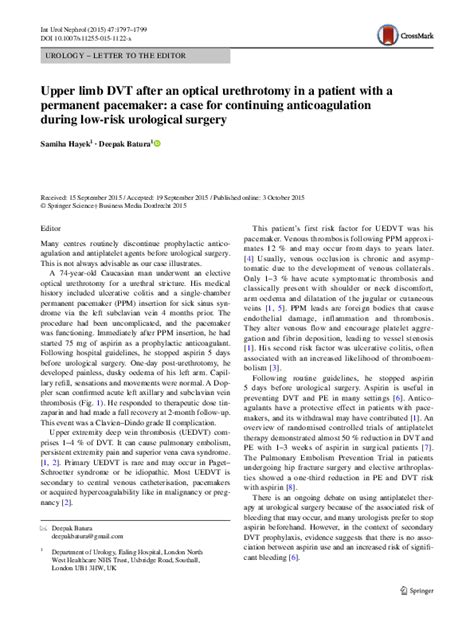 Pdf Upper Limb Dvt After An Optical Urethrotomy In A Patient With A
