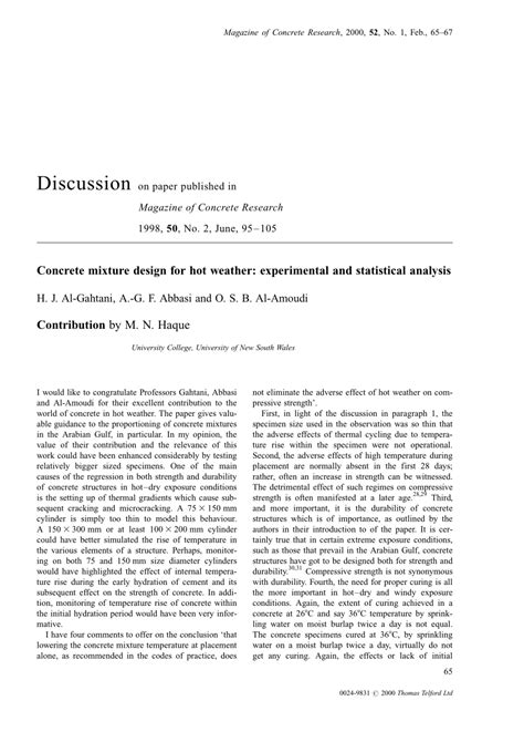 pdf concrete mixture design for hot weather experimental and