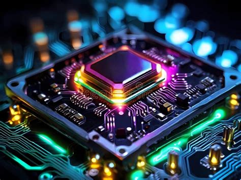 Electronic Circuit Chip Board Covered Wallpaper With Lights Gold Background Stock Illustration