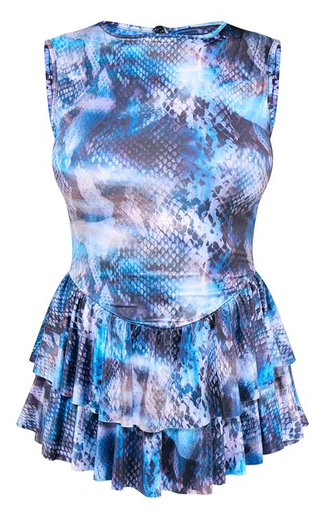 Blue Snake Printed Slinky Rara Skort Romper Jumpsuits And Rompers