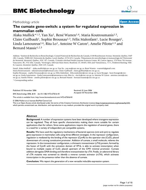 Pdf The Cumate Gene Switch A System For Regulated Expression In Mammalian Cells