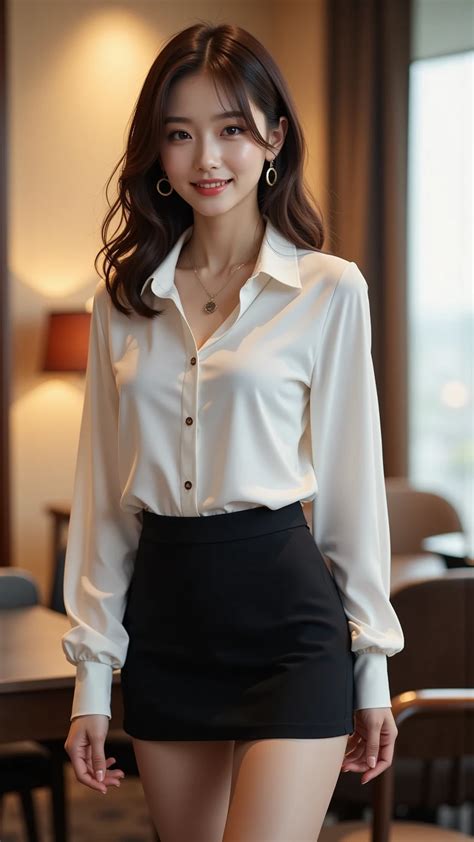 White Thick Long Sleeve Blouse15 Black Tight Middle Skirt