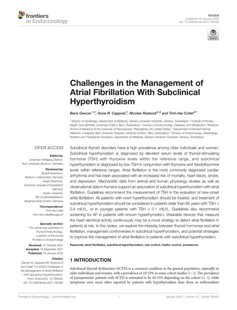 Pdf Challenges In The Management Of Atrial Fibrillation With Subclinical Hyperthyroidism