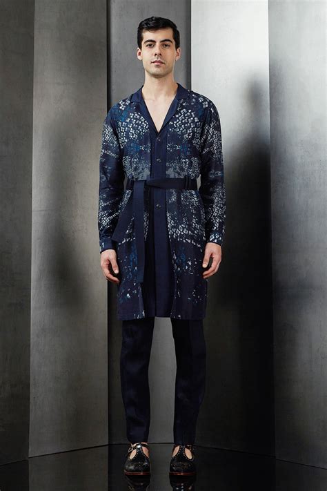 Buy Blue Gusted Cotton Printed Geometric Layered Kurta For Men By Rohit