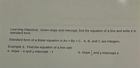 solved learning objective given slope and intercept find
