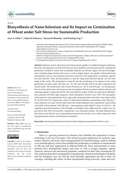 Pdf Biosynthesis Of Nano Selenium And Its Impact On Germination Of Wheat Under Salt Stress For
