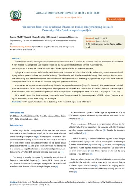 Pdf Tenodermodesis In The Treatment Of Extensor Tendon Injury