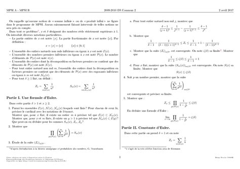 Partie I Une Formule D`euler Partie Ii Constante D`euler