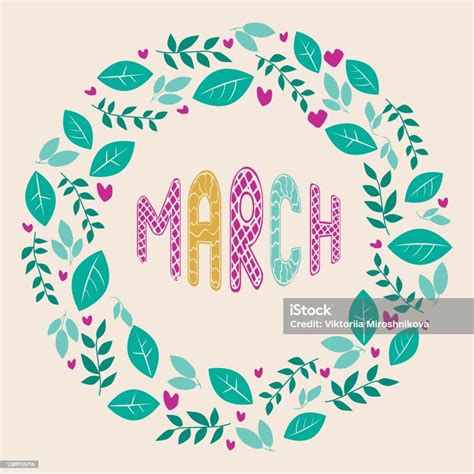 텍스트 3 월 스칸디나비아 스타일로 고립 된 잎화환 달의 이름으로 벡터 스톡 일러스트 문자 메시지 0명에 대한 스톡 벡터 아트