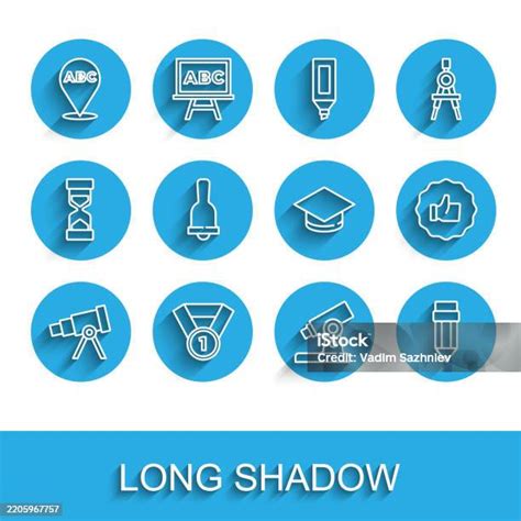 라인 망원경 메달 알파벳 현미경 지우개가 있는 연필 울리는 벨 손 엄지 손가락 및 졸업 모자 아이콘을 설정합니다 벡터 3위에 대한 스톡 벡터 아트 및 기타 이미지 Istock