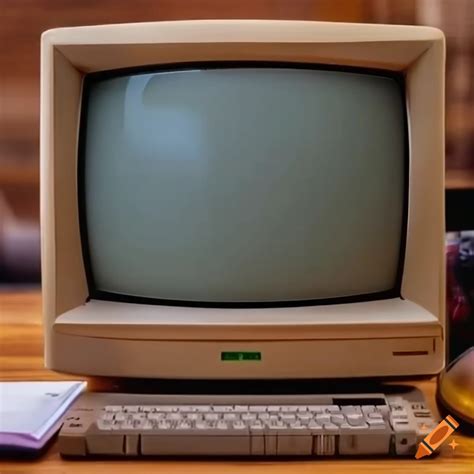 Close Up Of An Old Crt Computer Monitor On A Wooden Desk In A Retro