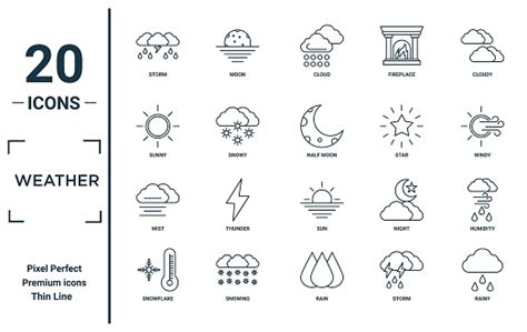 날씨 선형 아이콘 세트입니다 얇은 선 폭풍 맑음 안개 눈송이 비오는 반달 보고서 프리젠 테이션 다이어그램 웹 디자인에 대한 습도