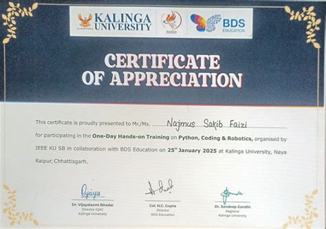 received certificate of appreciation for python coding and robotics