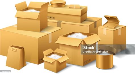 현실적인 누적 골 판지 상자의 더미입니다 갈색 배달 합니다 빈 판지 투명 한 흰색 배경와 함께 오픈 하 고 봉인 패키지 계층에