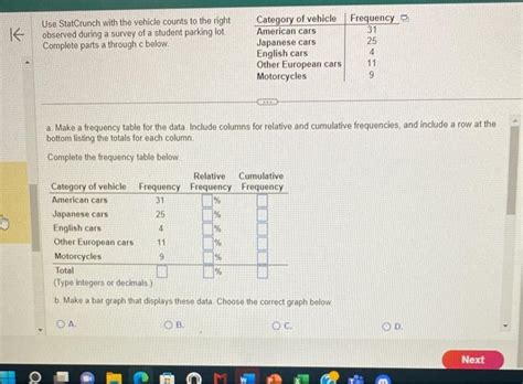 Solved Use Statcrunch With The Vehicle Counts To The Right