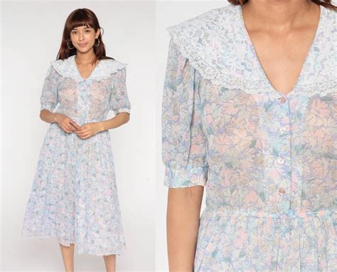 80s Sheer Sundress White Lace Collar Dress Pastel Floral Pink Blue