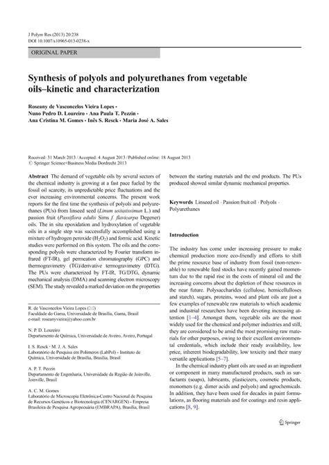 Pdf Synthesis Of Polyols And Polyurethanes From Vegetable Oils Kinetic And Characterization