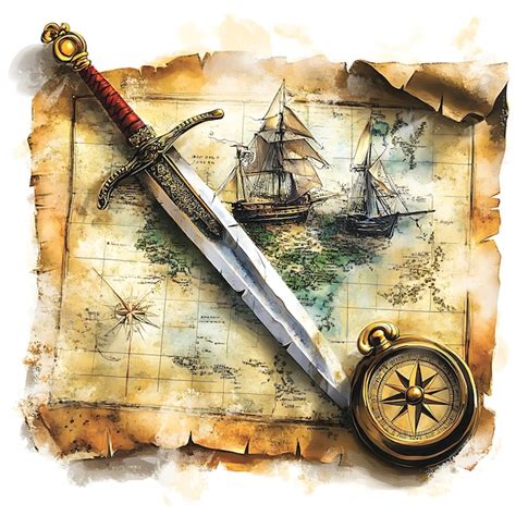 Vintage Map With Sword Compass And Ships Premium Ai Generated Image