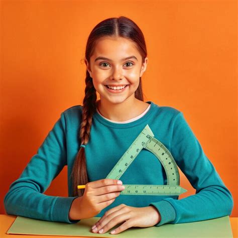 A Cheerful Teenage Girl Studies Math Using A Protractor And A Triangle