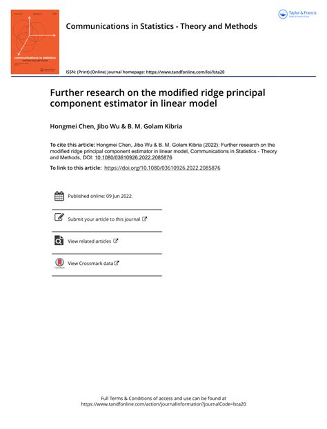 PDF Further Research On The Modified Ridge Principal Component Estimator In Linear Model