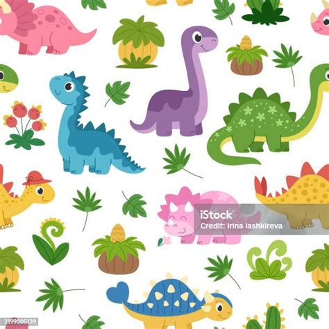 만화 공룡 어린이의 완벽 한 패턴 귀여운 트리케라톱스 안킬로사우루스 브론토사우루스 및 기타 공룡 어린이 배경 직물 포장 및 기타 디자인 0명에 대한 스톡 벡터 아트 및 기타