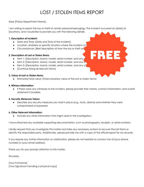Free Editable Lost Or Stolen Items Report Template