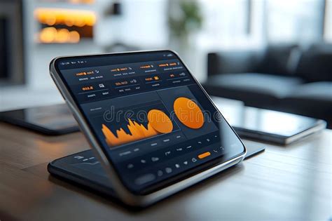 Futuristic Dual Screen Tablet Displaying Financial Data And Analytics In A Modern Workspace With