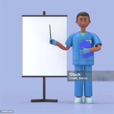정보 지시 또는 광고의 프리젠테이션으로 빈 보드가 있는 남성 의사 왕의 3d 그림 제품 플립 차트 모형 의사에 대한 스톡 사진 및 기타 이미지 Istock