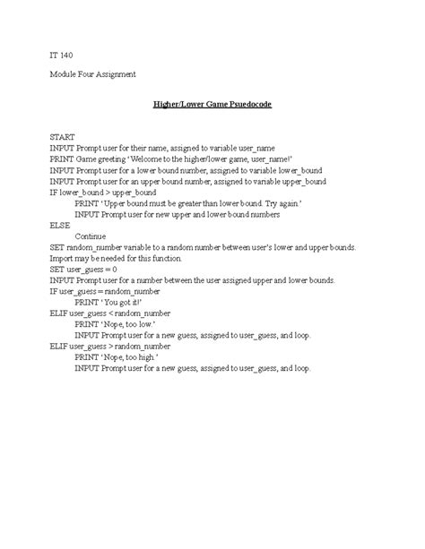 It 140 Module Four Assignment Game Pseudocode Guide Studocu