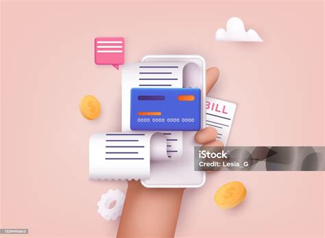 지불 청구서와 휴대 전화 휴대 전화를 들고 손 인보이스 정보 그래픽에 적합한 청구서 아이콘 유틸리티 은행 레스토랑 및 기타 청구서의 지불 3d 웹 벡터 일러스트레이션