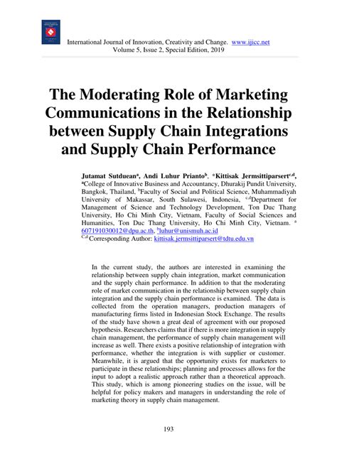 Pdf The Moderating Role Of Marketing Communications In The Relationship Between Supply Chain