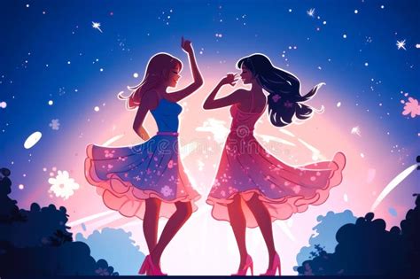 Illustration Of A Two Pretty Girls Dancing In A Disco On A Summer Night