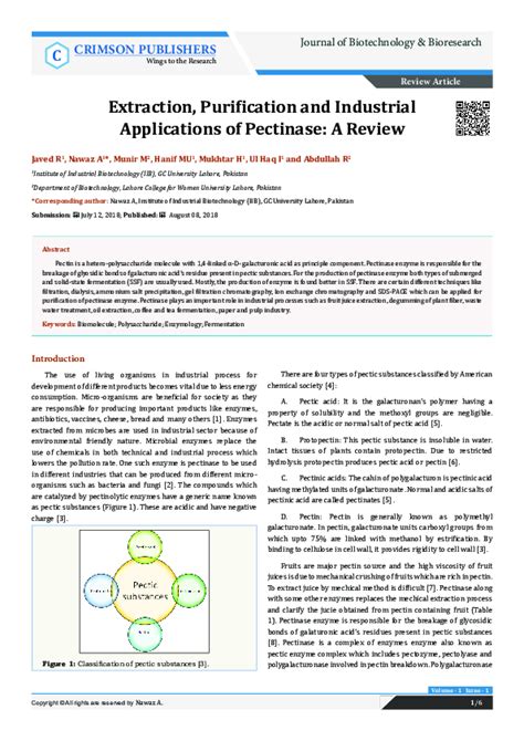 Pdf Extraction Purification And Industrial Applications Of Pectinase A Review
