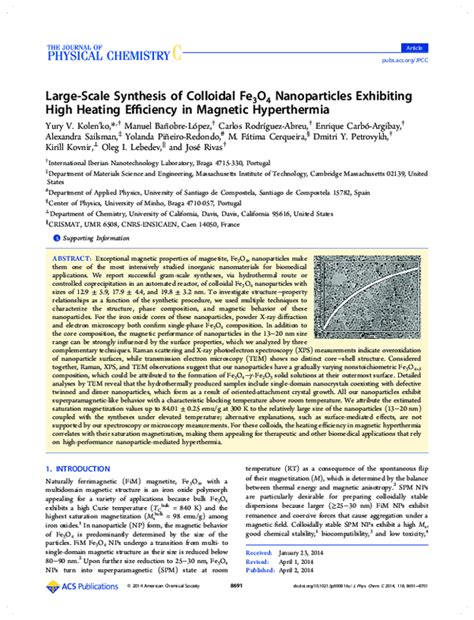 Pdf Large Scale Synthesis Of Colloidal Fe3o4 Nanoparticles Exhibiting High Heating Efficiency
