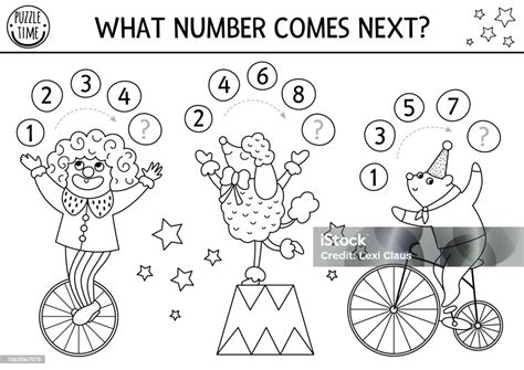 다음에 어떤 숫자가 오는지 흑백은 숫자와 귀여운 서커스 예술가와 행 게임을 계속합니다 어뮤즈먼트 쇼 논리적 수학 색칠 페이지 와 광대 푸들 자전거에 곰 곰에 대한 스톡 벡터