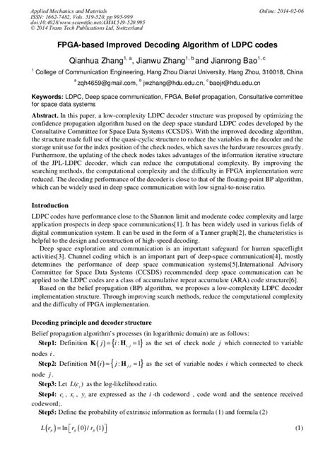 fpga based improved decoding algorithm of ldpc codes scientific