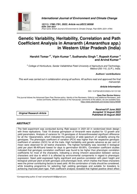 Pdf Genetic Variability Heritability Correlation And Path